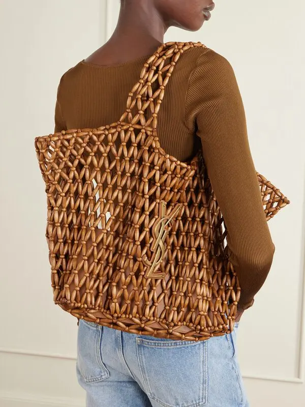 Saint Laurent Icare Beaded Wood Tote - Brown