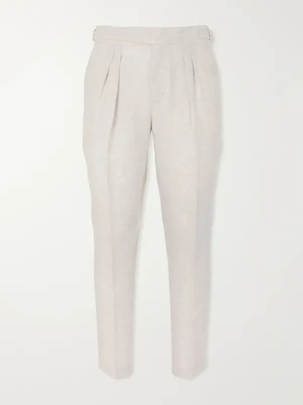Mr P. Steve Tapered Pleated Herringbone Linen Trousers - Neutrals