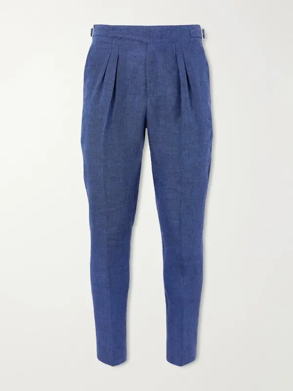 Mr P. Steve Tapered Pleated Herringbone Linen Trousers