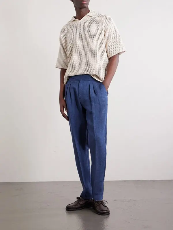 Mr P. Steve Tapered Pleated Herringbone Linen Trousers