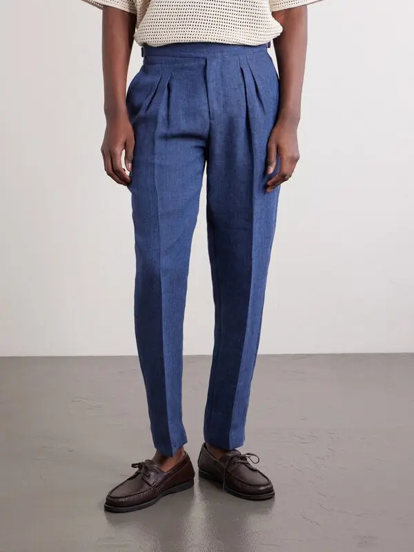 Mr P. Steve Tapered Pleated Herringbone Linen Trousers