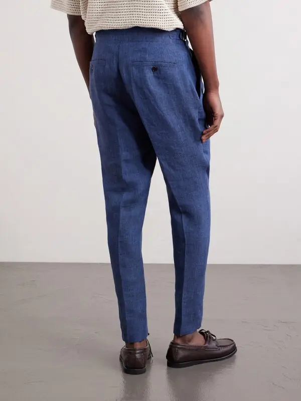 Mr P. Steve Tapered Pleated Herringbone Linen Trousers