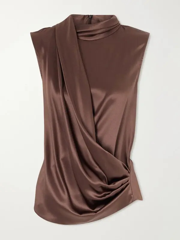 Brunello Cucinelli Wrap-effect Sleeveless Draped Silk-blend Satin Blouse - Brown