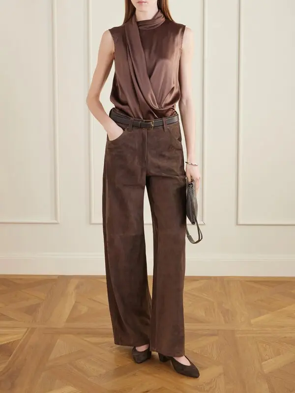 Brunello Cucinelli Wrap-effect Sleeveless Draped Silk-blend Satin Blouse - Brown