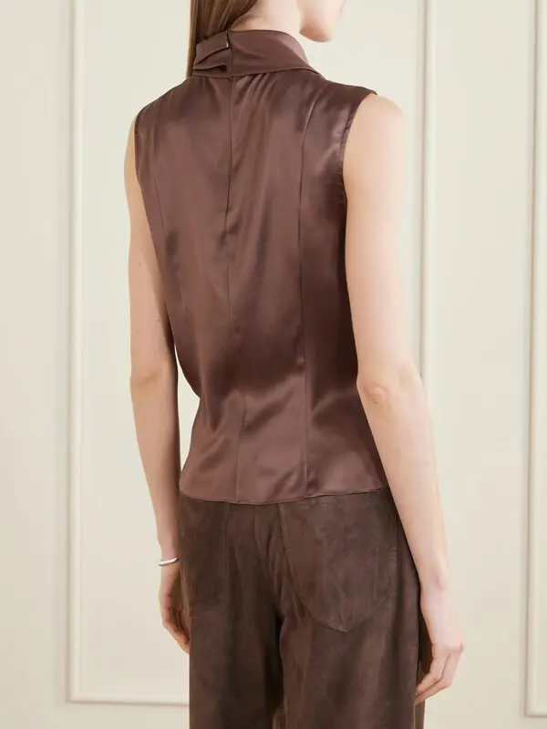 Brunello Cucinelli Wrap-effect Sleeveless Draped Silk-blend Satin Blouse - Brown