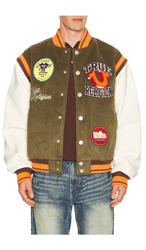 True Religion Garden Logo Retro Varsity Jacket - Capers Green & Winter White