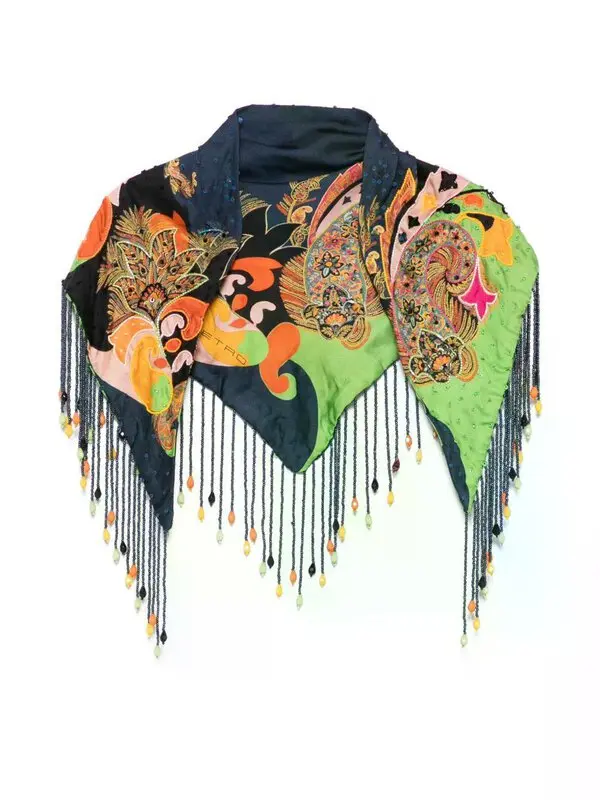 Etro Silk Scarf With Placed Print And Bead-adorned Fringing - Blue