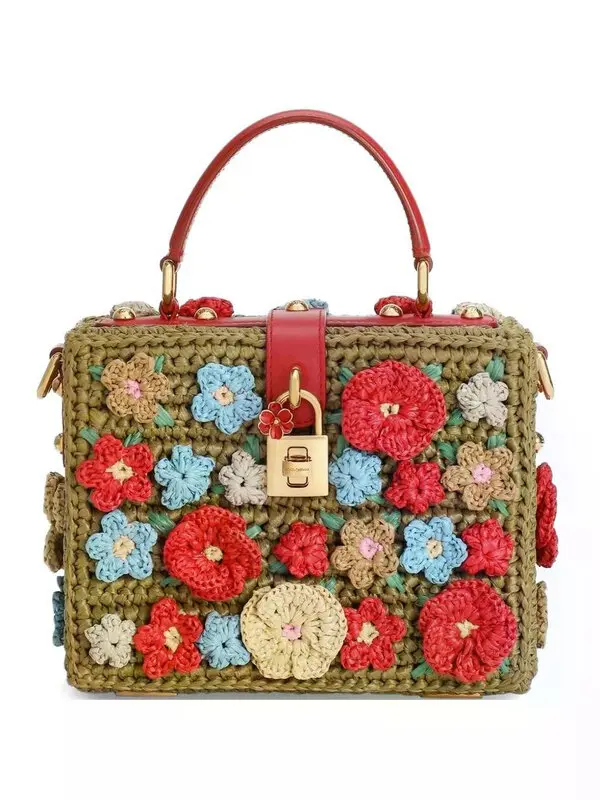 Dolce & Gabbana Raffia Crochet Box Handbag With Embellished Flowers