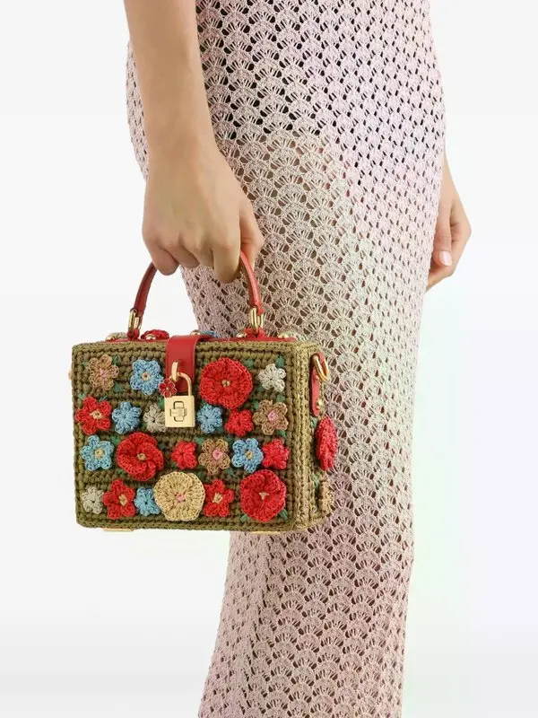 Dolce & Gabbana Raffia Crochet Box Handbag With Embellished Flowers
