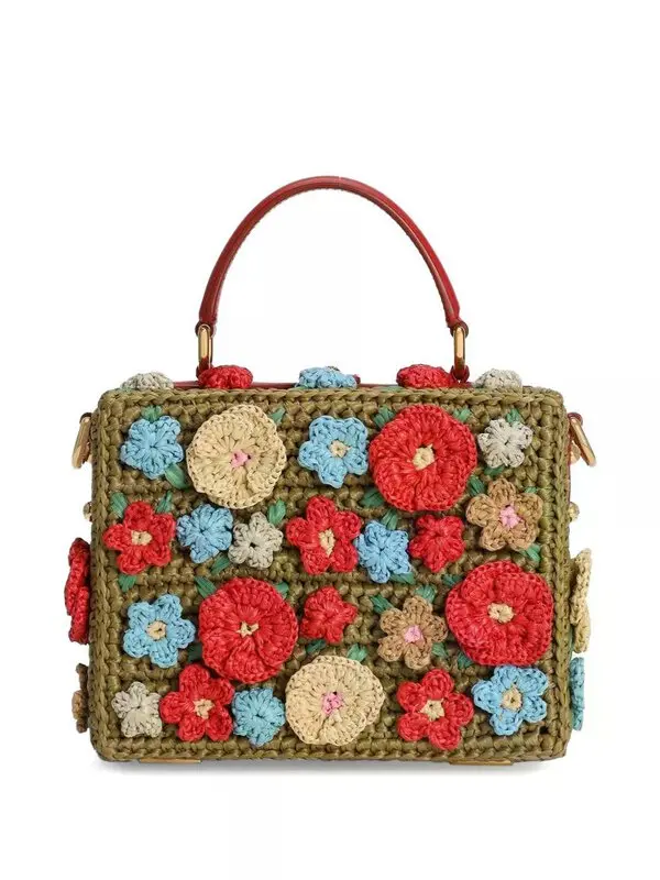 Dolce & Gabbana Raffia Crochet Box Handbag With Embellished Flowers