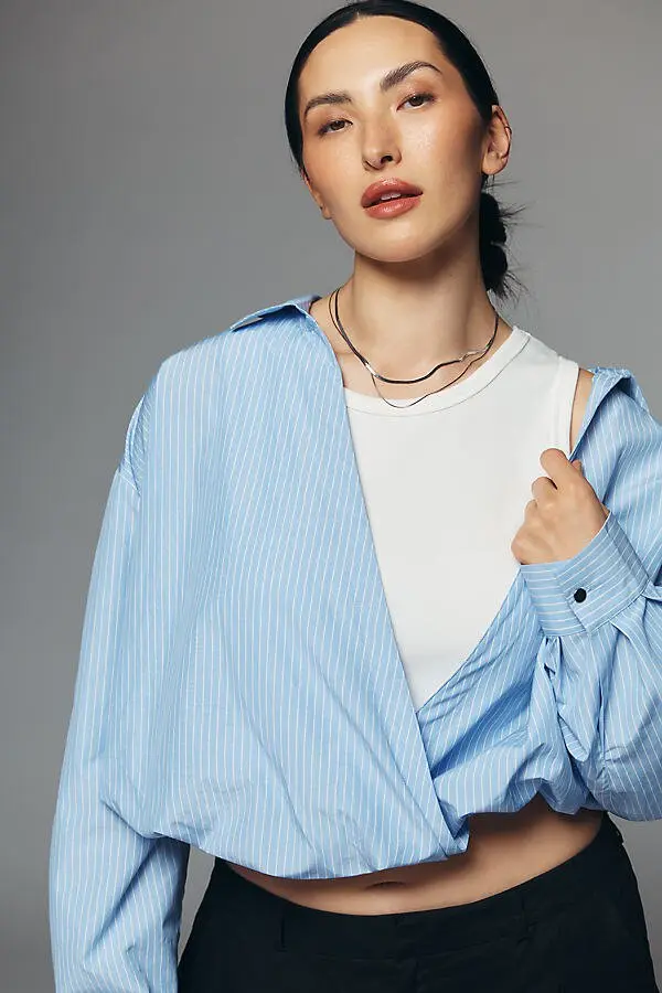 Maeve Long-sleeve Layered Twofer Shirt Top - Blue Stripe
