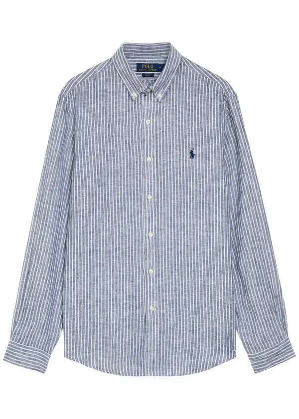 Polo Ralph Lauren Striped Logo-embroidered Linen Shirt - Navy