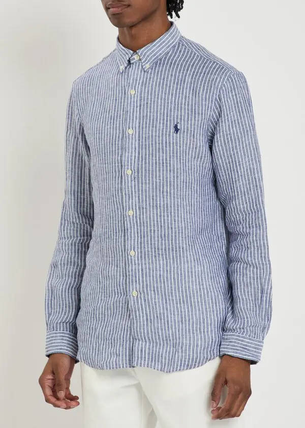 Polo Ralph Lauren Striped Logo-embroidered Linen Shirt - Navy