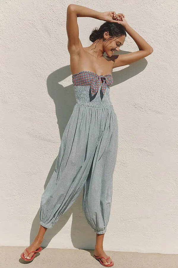 CELANDINE Cotton Strapless Tie-front Jumpsuit - Blue Plaid