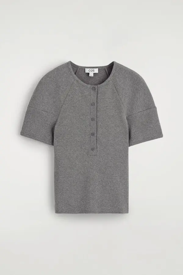 Cos Rounded Ribbed Jersey Henley Top - Gray