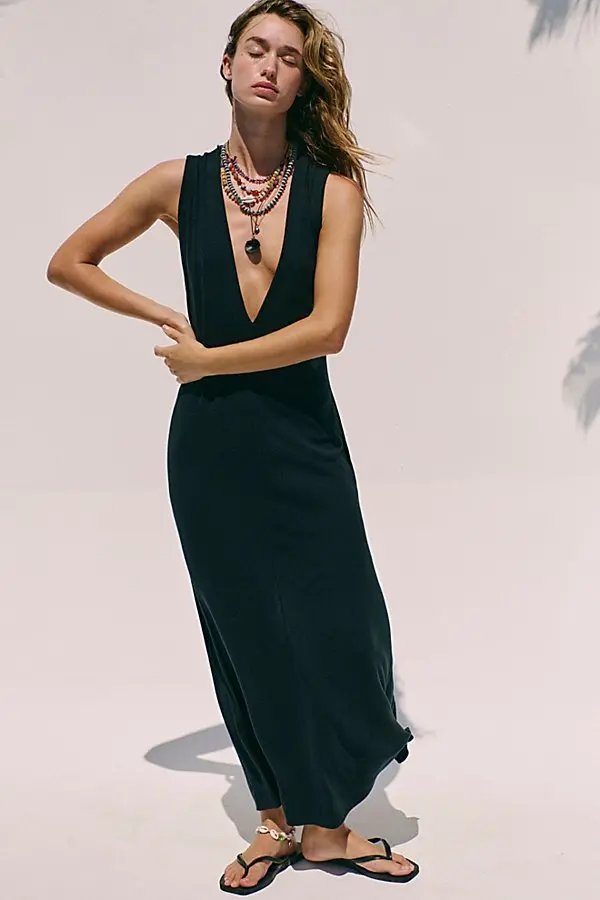 Free People Sleeveless Plunge Midi Dress With Slit - Black