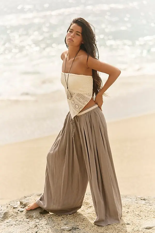 Free People Sweet Escape Linen Blend Wide Leg Pants - Satellite Sky