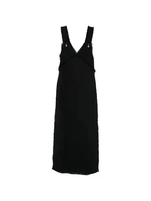 TOTEME Frayed V-neck Midi Dress - Black