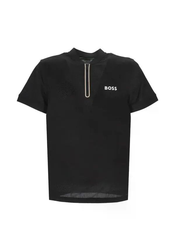 BOSS Perforated Zip-up Polo Shirt - Black