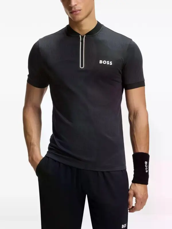 BOSS Perforated Zip-up Polo Shirt - Black