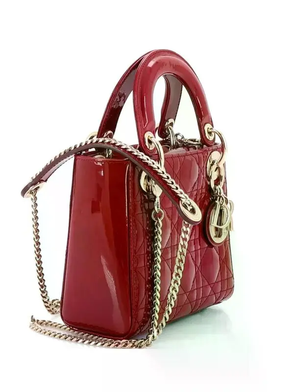 Dior Lady Chain Bag Cannage Quilt Patent Mini Satchel - Red