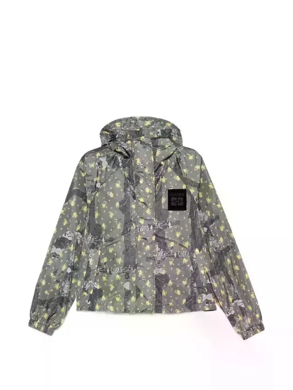 GANNI Floral-print Hooded Jacket - Grey