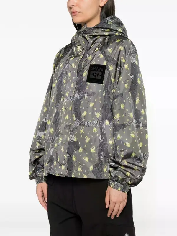 GANNI Floral-print Hooded Jacket - Grey