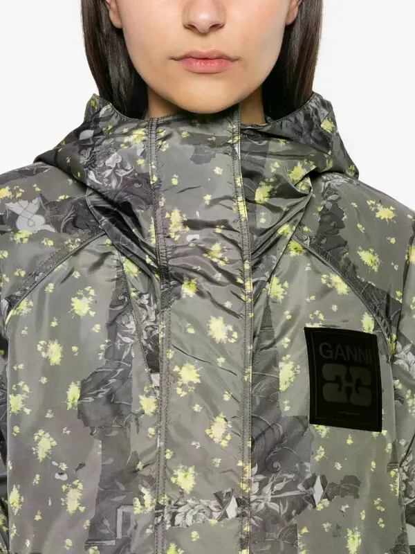 GANNI Floral-print Hooded Jacket - Grey