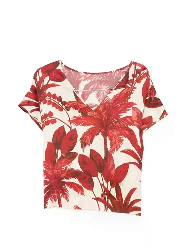CLIPS Palm-tree-print V-neck Top - Red