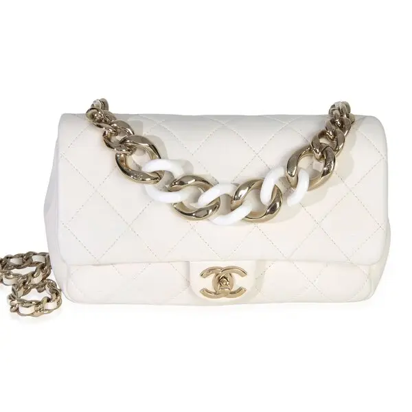 Chanel Quilted Lambskin Chain Flap Bag - White