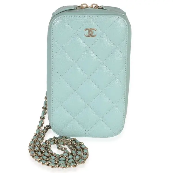 Chanel Teal Quilted Caviar Zip Around Phone Holder With Chain - Green