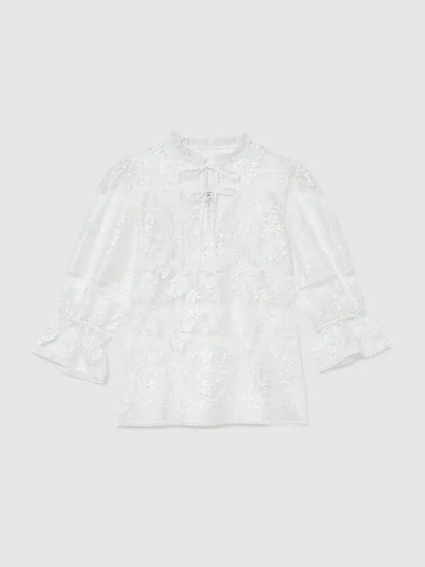 REISS Sheer Lace Tie-neck Blouse