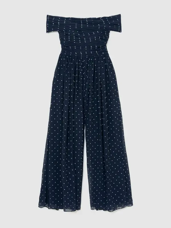 REISS Margo Polka-dot Bardot Wide-leg Jumpsuit - Navy/ivory
