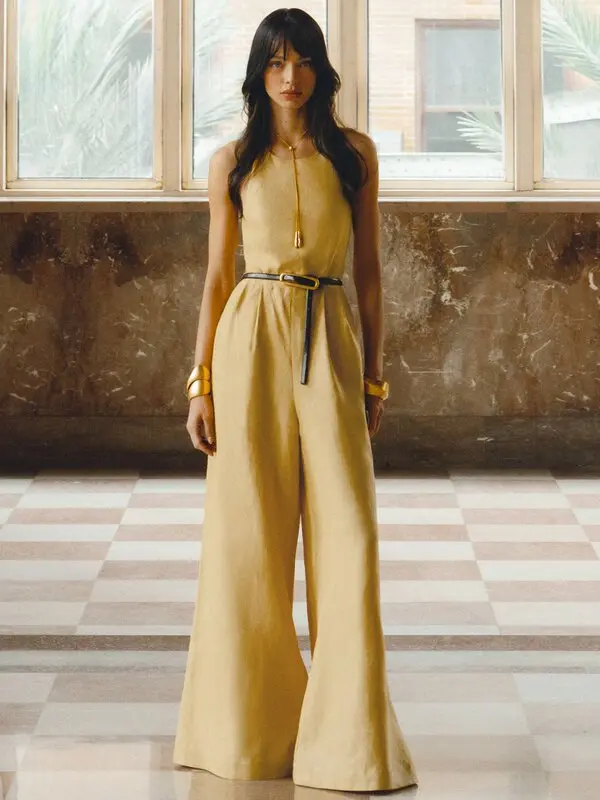 REISS Della Linen Open-back Wide-leg Jumpsuit - Yellow