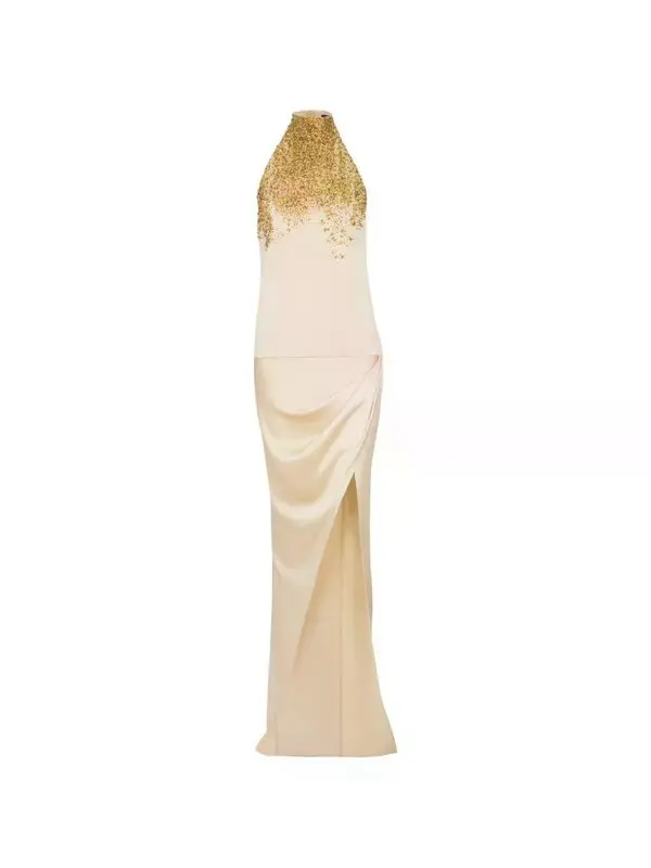 Balmain Halterneck Embroidered Silk Maxi Dress
