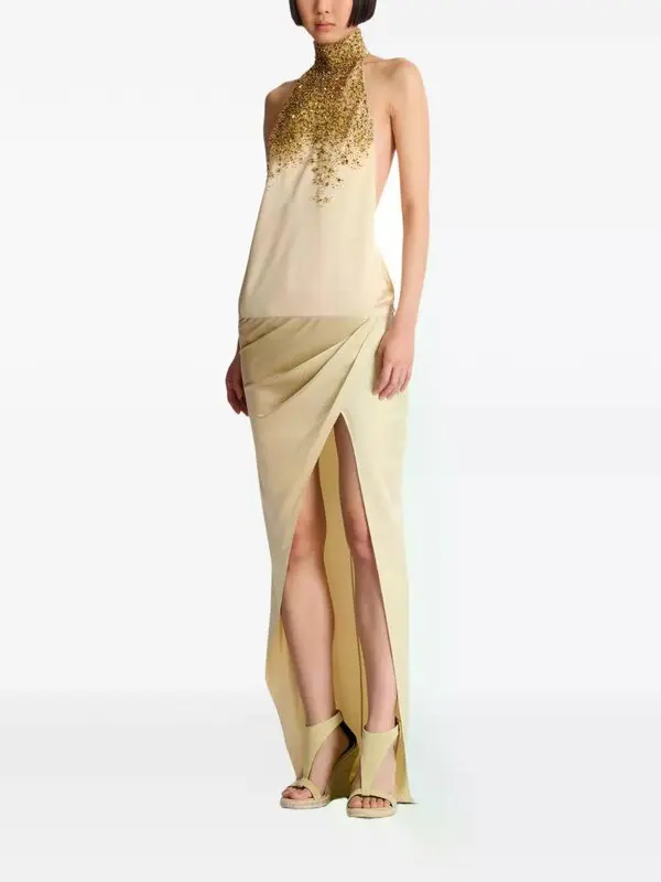 Balmain Halterneck Embroidered Silk Maxi Dress