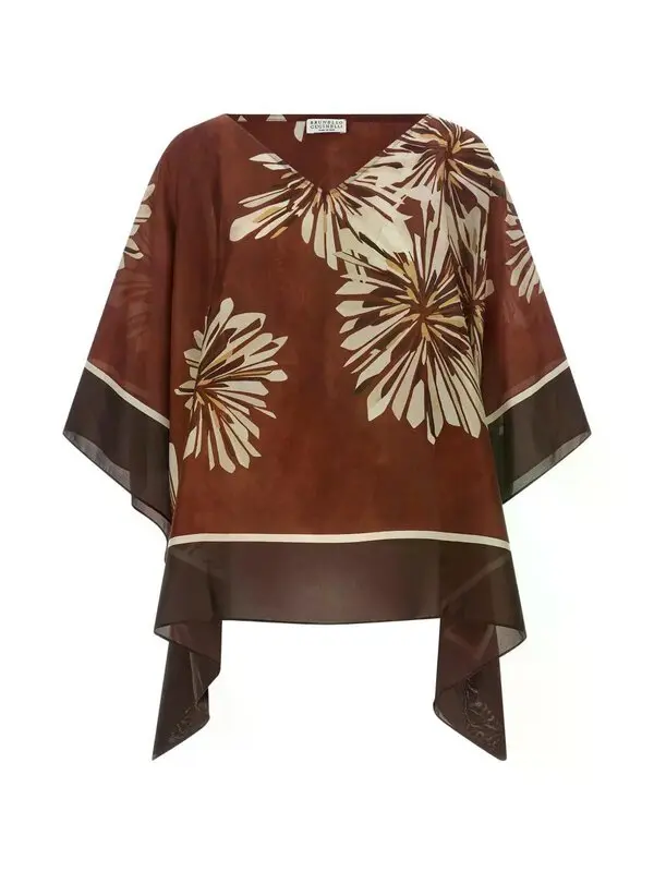 Brunello Cucinelli Floral-print Silk Blouse - Brown