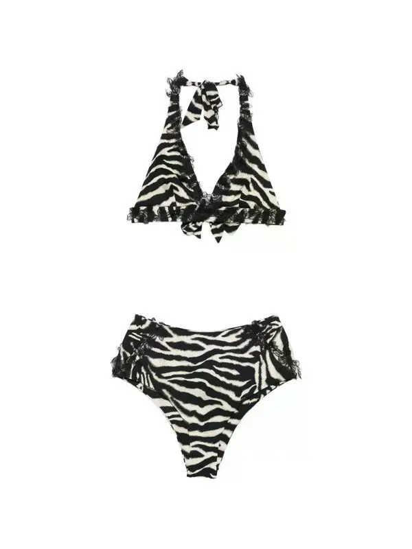 Ermanno Scervino Zebra-pattern Lace-trim Bikini - Black