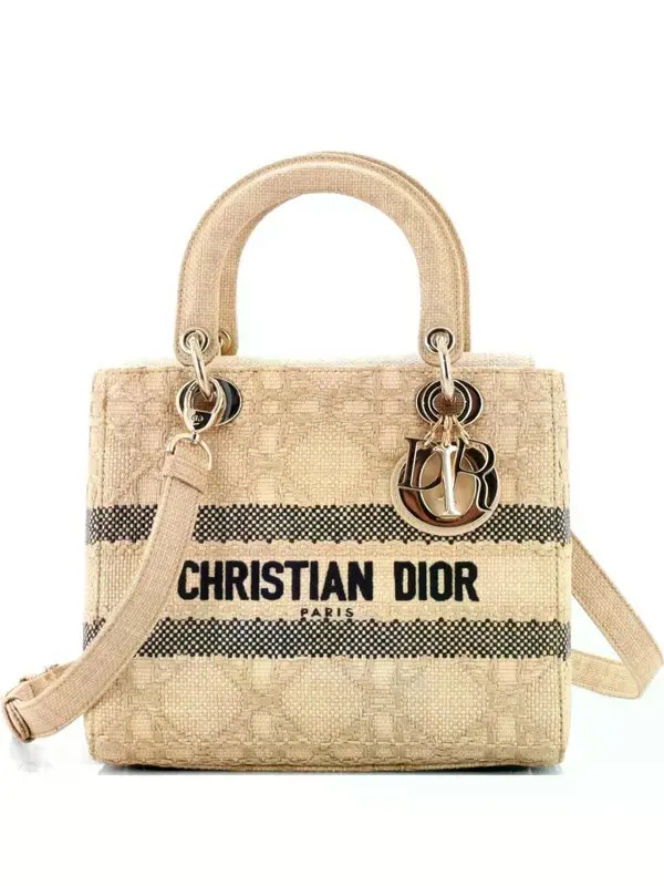 Dior Lady D-lite Bag Cannage Embroidered Raffia Medium Satchel - Neutrals
