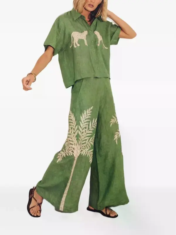 Carolina K Palm-tree Embroidered Palazzo Pants