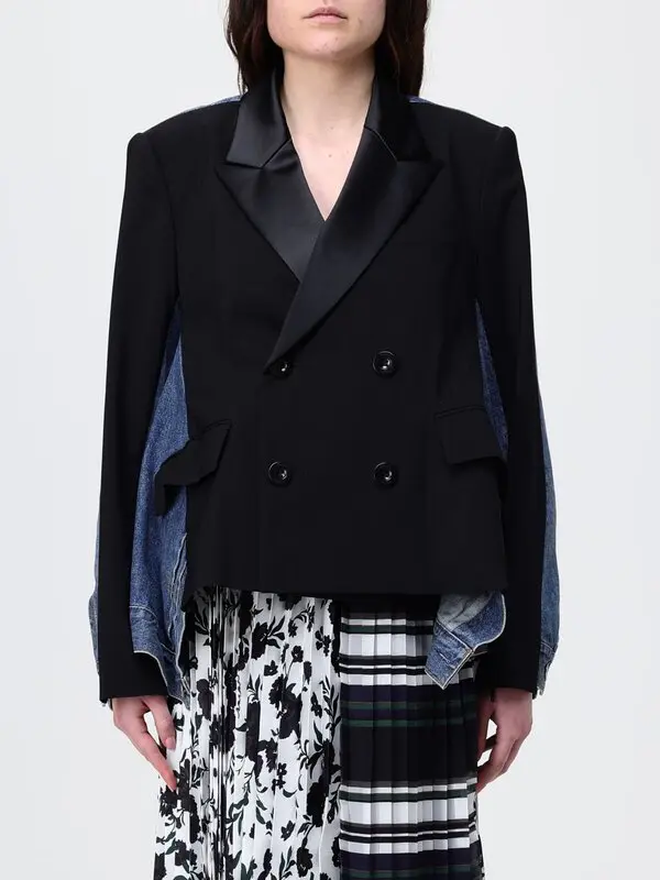 Sacai Double Breasted Jacket With Denim Paneling - Black