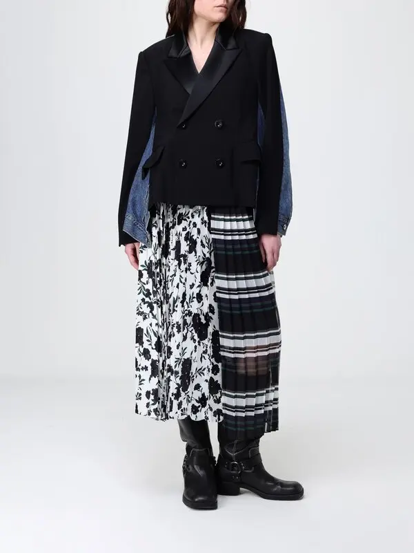 Sacai Double Breasted Jacket With Denim Paneling - Black