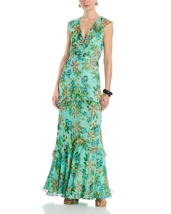Saloni Rita Silk Maxi Dress With Floral Print - Fiori Mint