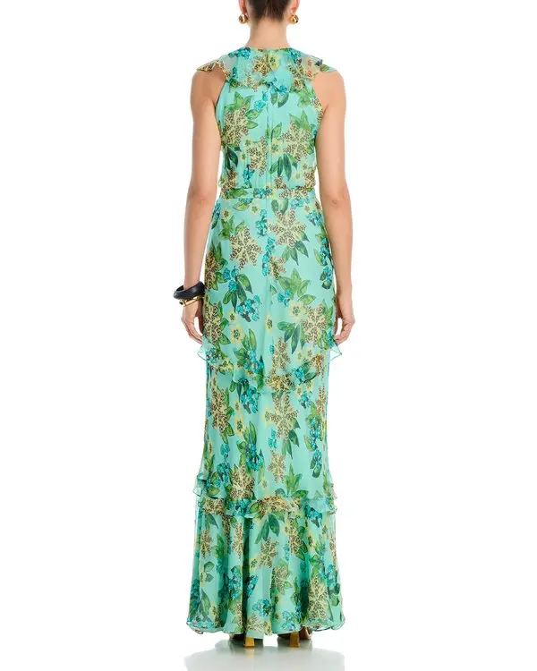 Saloni Rita Silk Maxi Dress With Floral Print - Fiori Mint