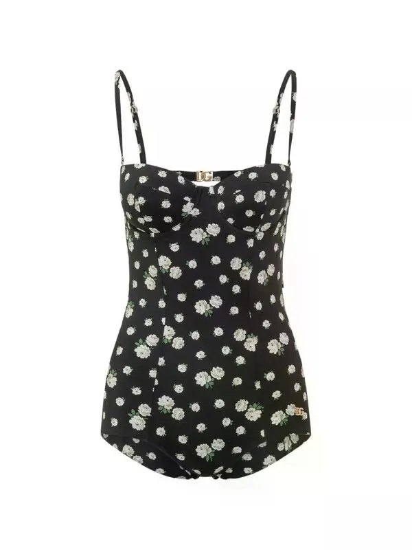 Dolce & Gabbana Floral-print Swimsuit With Dg Logo - Black