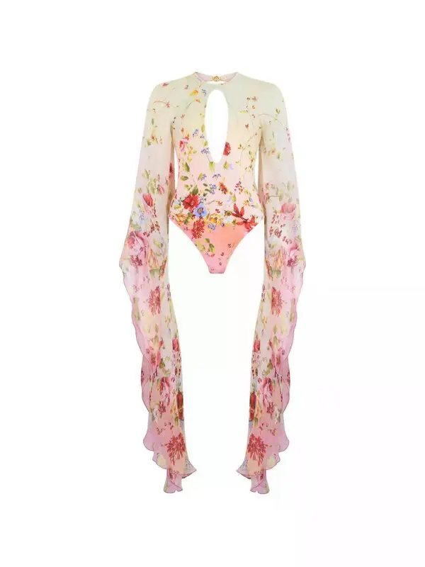 Roberto Cavalli Floral Print Long Sleeve Swimsuit - Neutrals