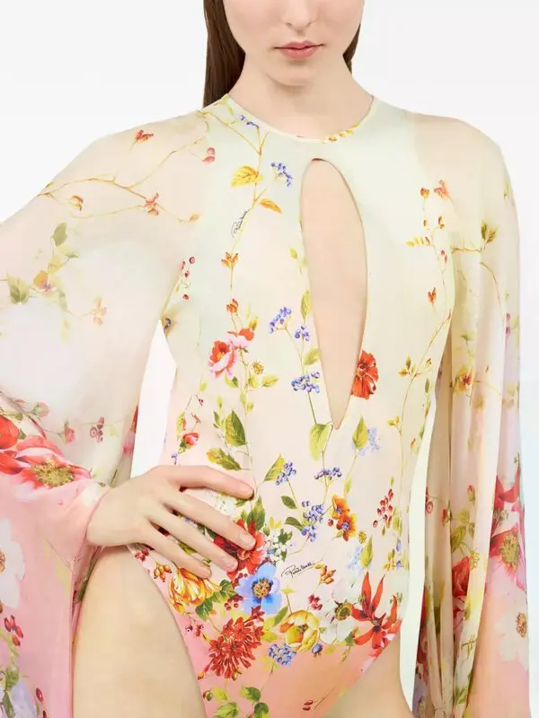 Roberto Cavalli Floral Print Long Sleeve Swimsuit - Neutrals