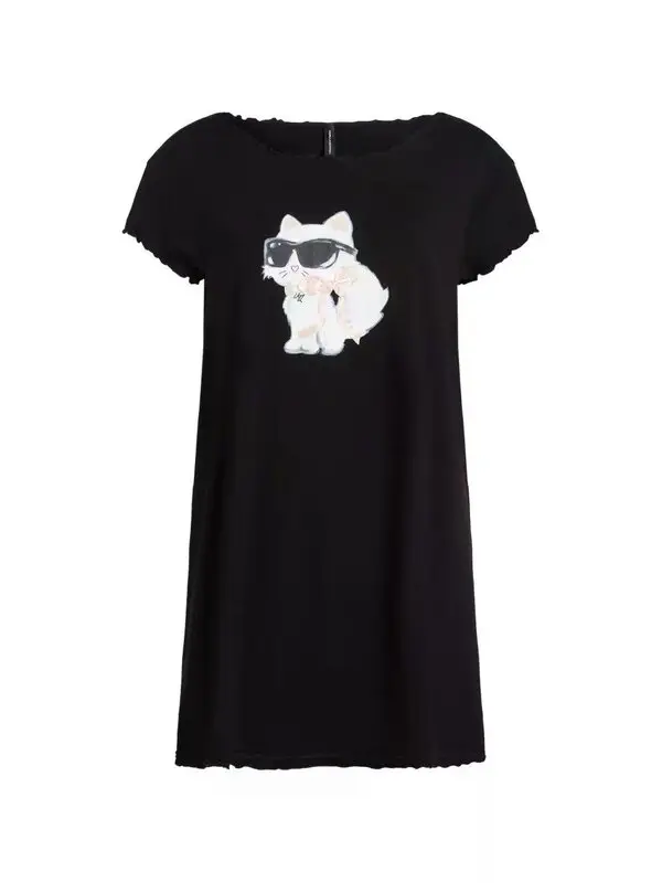 Karl Lagerfeld Ikon Choupette Bow-detail Cotton Pajama Dress - Black
