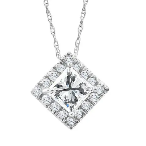 BLISS DIAMOND 1 1/5ct Tw Princess Cut Diamond Lab Grown Halo Pendant Gold Necklace - 10k White Gold