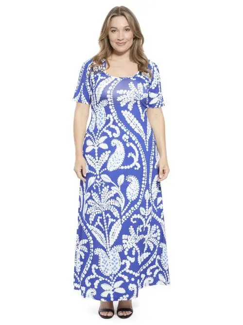 24SEVEN COMFORT APPAREL Curvy Essential Paisley A-line Maxi Dress - Blue Multi